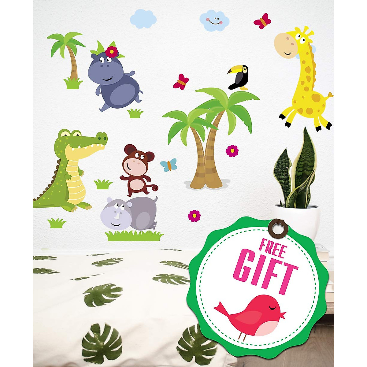Animal Safari Jungle Vinyl Wall Decal for Kids Bedroom playroom - Decorative Art Stickers for Baby Girl Boy Wall Decor - Nursery Wall Stickers [24 Art clings] - Wall Decals for Boy - with Gift!