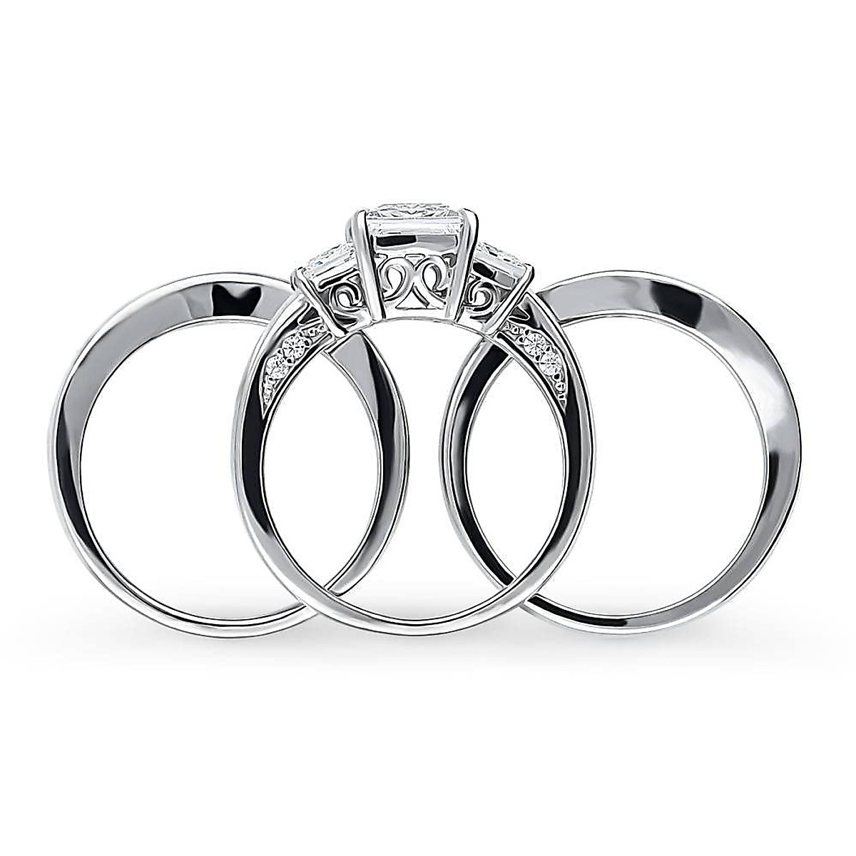 BERRICLE Sterling Silver 3-Stone Wedding Engagement Rings Princess Cut Cubic Zirconia CZ Ring Set for Women, Rhodium Plated Size 7