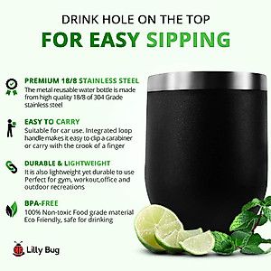 Lilly Bug 2 Pack Stainless Steel Wine Tumbler, 12oz with Lid, Straw and Cleaning Brush, Double Wall Vacuum Insulated Wine Glass