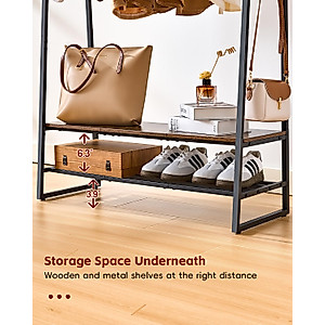 Asgolion Clothing Rack, Clothes Rack for Hanging Clothes, Garment Rack with 2 Shelves and 4 Hooks, Metal Standing Clothes rack for Bedroom, Closet, Rustic Brown