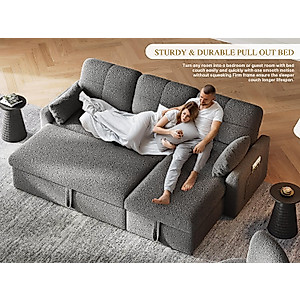 DWVO 86" Sectional Sofa Couch, 2 in 1 Sleeper Sofa Bed with Reversible Storage Chaise Pull Out Bed, L-Shape Sofa Bed for Living Room, Side Storage Pocket, Teddy Fleece, Grey