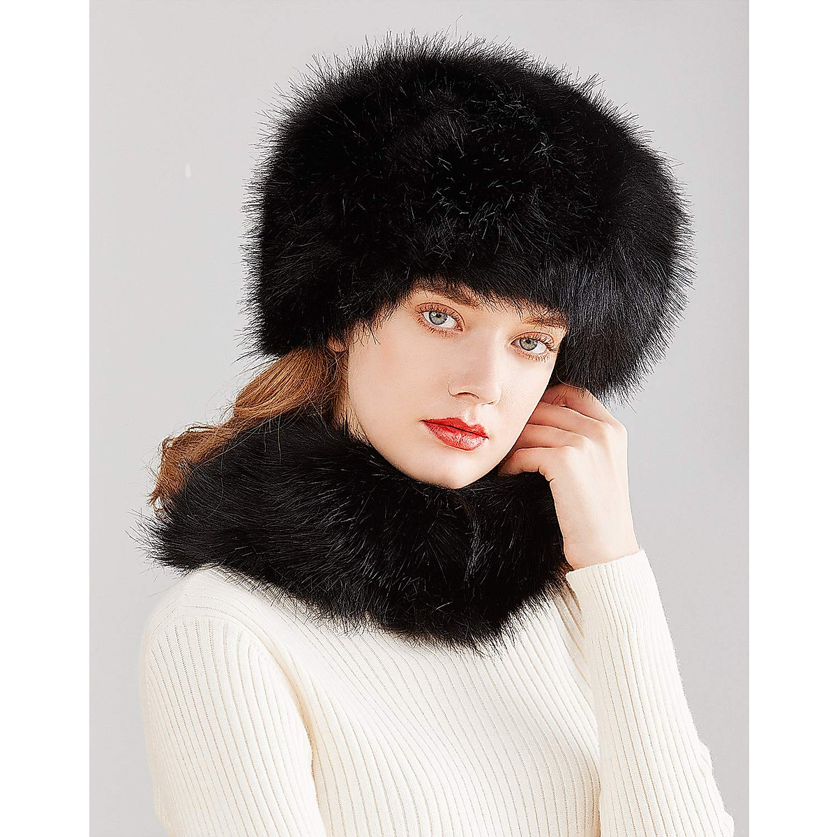 Lovful Faux Fur Women Russian Cossak Hat,Scarf Set for Ladies Winter,Black