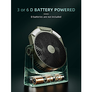 D-cell Battery Operated Camping Fan,8.5 Inch, Quiet USB Desk Fan with 4 Levels LED Lantern, SOS Light, Portable Outdoor Table Fans with Timer, 180°Rotation,Stepless Control, Handle, for Hurricane