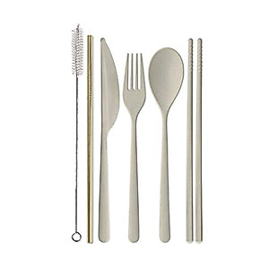 Designworks Ink Reusable Cutlery Set Utensils for Lunch Box, 7-Piece, Ochre - Fork Yeah! Includes Plastic Flatware with Forks, Spoon, Knife, Chopsticks, Metal Straw in Portable Travel Case
