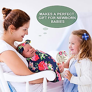 Yahenda 5 Pieces Baby Newborn Receiving Blanket with Headband Hat Set and Personalized Wood Birth Announcement Card Flower Print Baby Swaddle Receiving Blankets