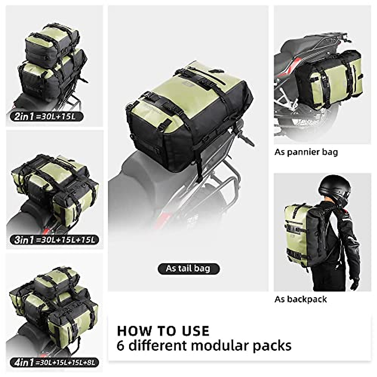 Rhinowalk Motorcycle Tail Bag Motorbike Side Bag 30L Full Waterproof Motor Saddle Pannier Bag Rear Rack Trunk Professional Motor Accessories-Green