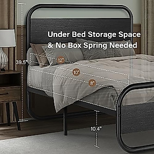 Twin Bed Frame with Headboard LED Bed Frame Twin Size Platform Bed Frame Heavy Duty Metal Rustic Bed Frame Twin Wood Platform Bed Frame Under Bed Storage Noise Free No Box Spring Needed (Twin, Black)