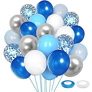 Blue and Silver Balloons 90Pcs Royal Blue and Silver Confetti Balloons 12 Inches White and Blue Latex Balloons for Baby Shower, Birthday, Bridal Shower, Wedding Party Decoration