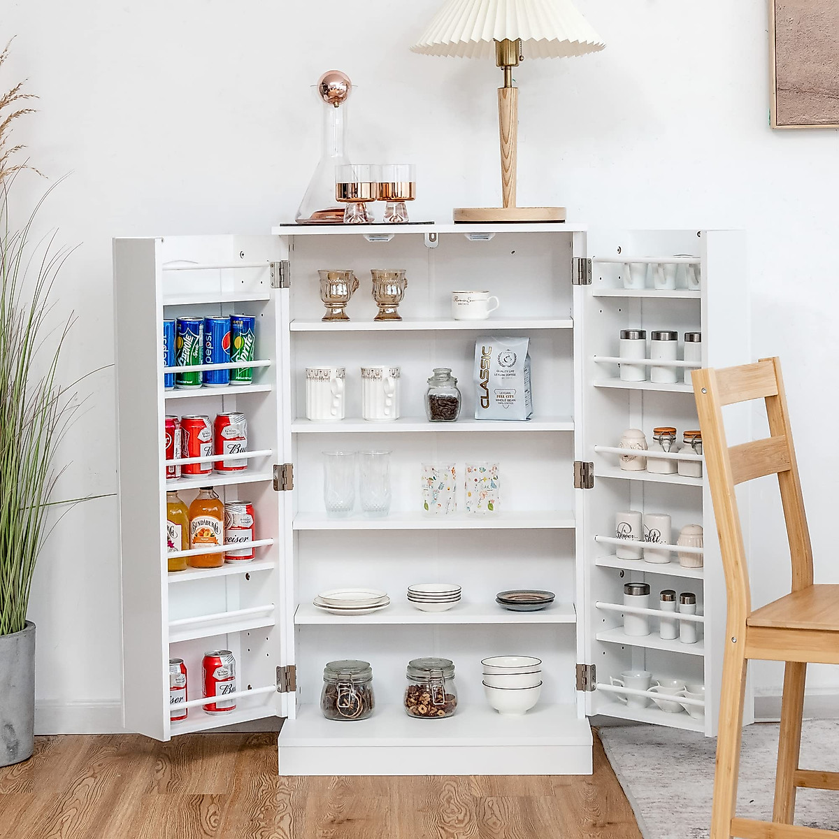 LOKO White Pantry Cabinet, Multifunctional Floor Storage Cabinet with Adjustable Shelves and Anti-toppling Device, Compact Kitchen Cupboard with Double Doors, 23 x 12 x 41 inches