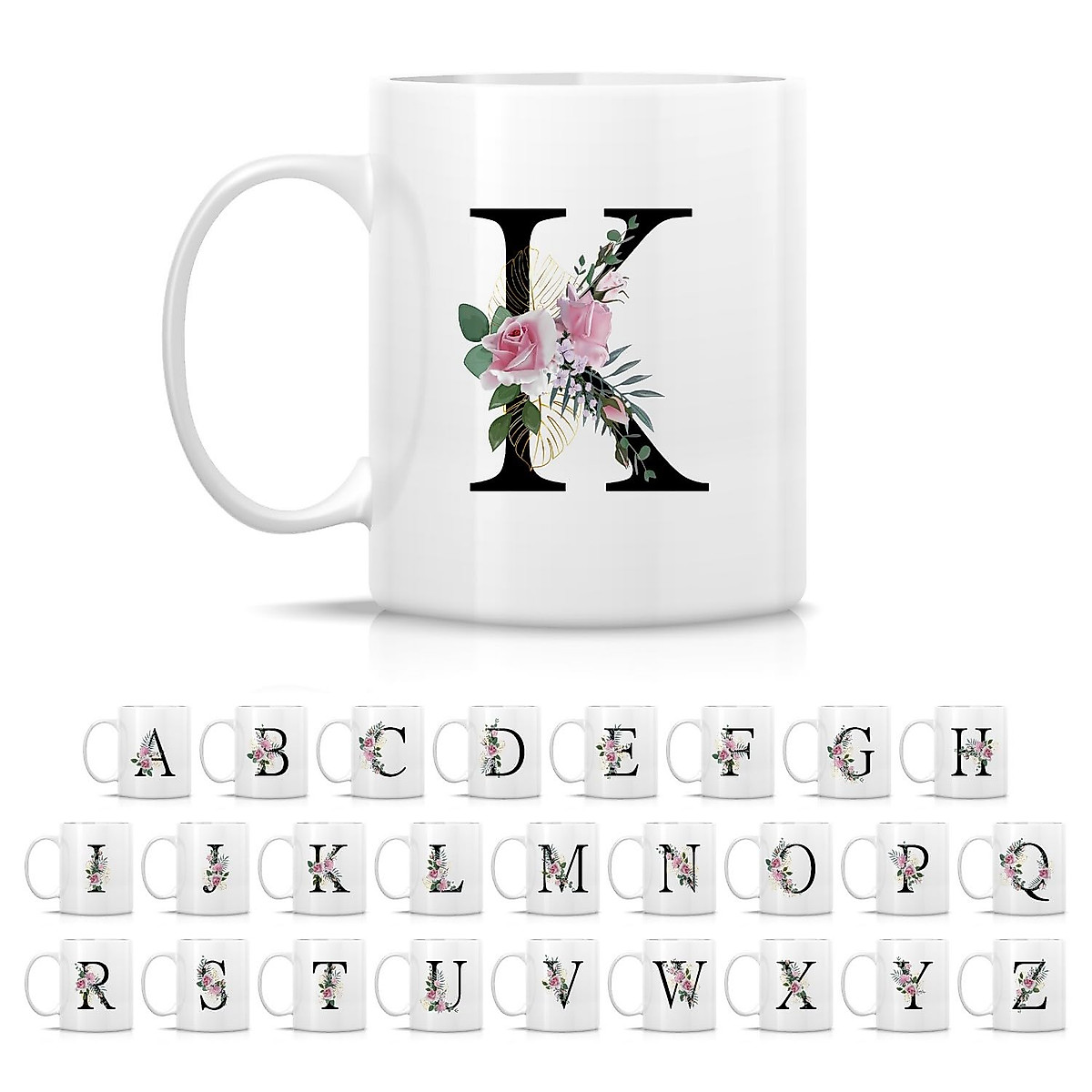 Retreez Initial A-Z Floral Botanical Bouquet Alphabet Monogrammed Monogram Mug 11 Oz Ceramic Tea Coffee Mugs - Appreciation Thank You Wedding Birthday Gifts for her friend coworker sister - K Initial