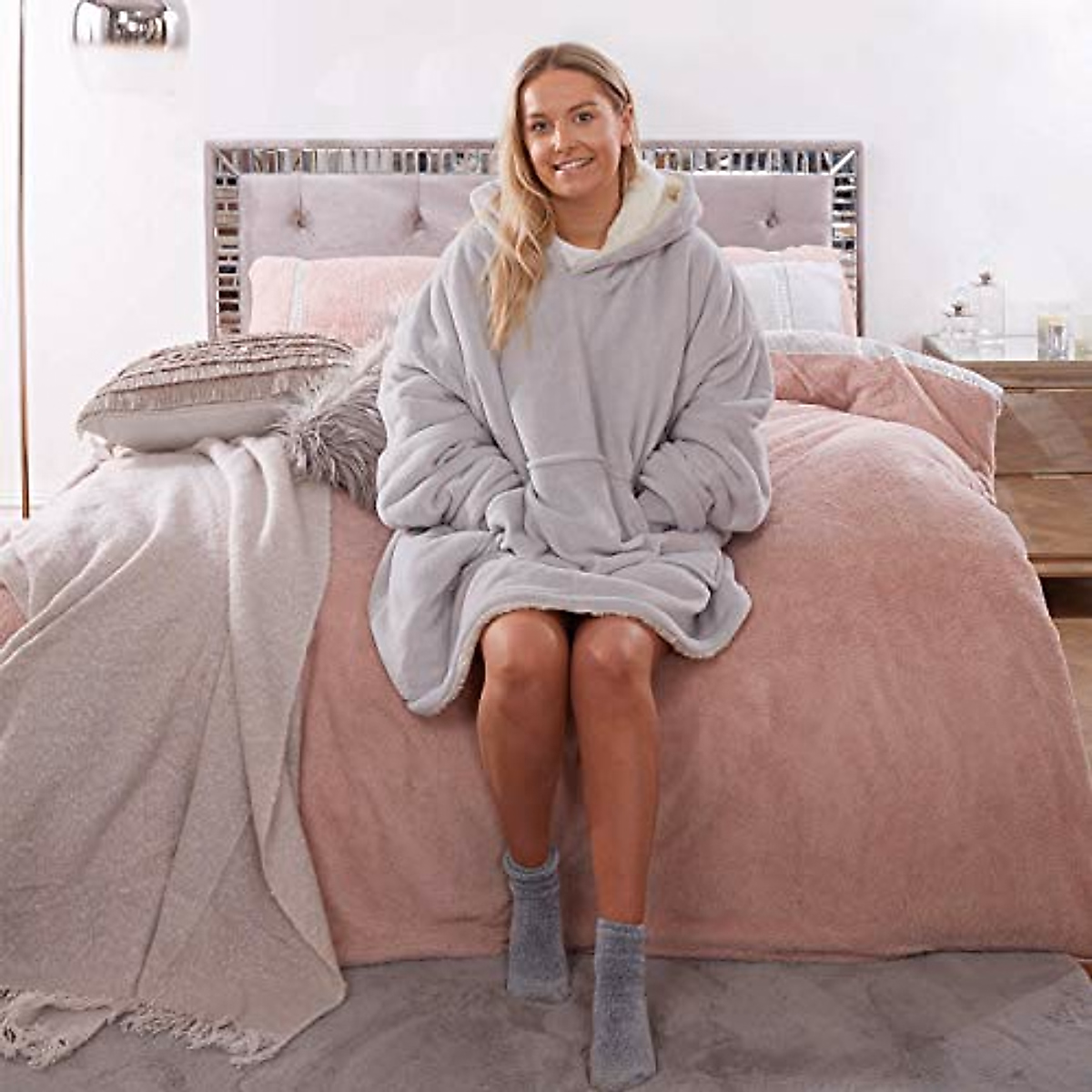 Sienna Wearable Sherpa Hoodie Blanket with Ultra Soft Fleece Lining Warm Cozy Oversized Sweatshirt Throw for Adults, One Size Fits All - Silver Grey