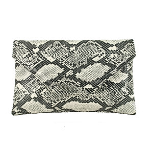 LONI Womens Stylish Large Envelope Faux Snakeskin Clutch Bag/Shoulder Bag in Black/Off-White