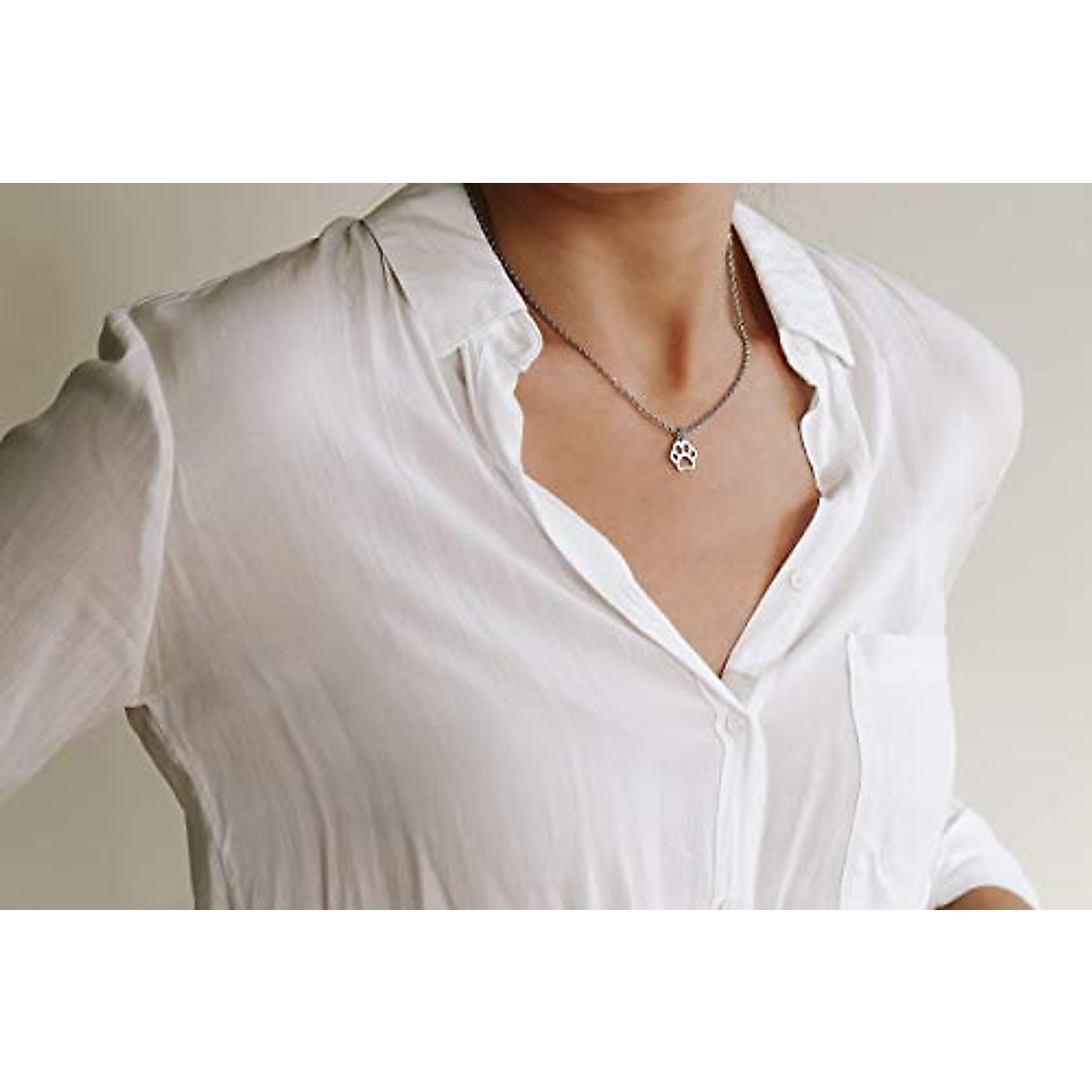 Silver paw necklace, dog paw outline pendant, silver tone stainless steel chain necklace, gift for her, animal cat jewelry, Layering necklace, pet lover, waterproof