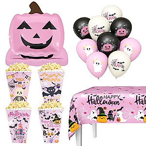 AIBIIN Pink Halloween Party Decorations for Girl Pumpkin Paper Plates Halloween Tableware Popcorn Box Balloons Set Halloween Baby Shower Booday Party Supplies Halloween Girls Night Party Decorations