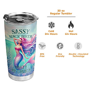 20oz Mermaid Tumbler, Sassy Since Birth Salty by Choice, Gifts for Mermaid Lovers, Coffee Thermos for Women, Stainless Steel Double Wall Vacuum Insulated Coffee Mug, Travel Cup with Lid