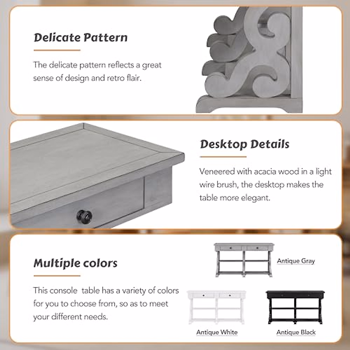 Brabrety Rustic Console Table Sideboard with Ample Storage, Open Shelves and Drawers,for Entrance Dinning Room Living Room (Antique Gray@Storage)