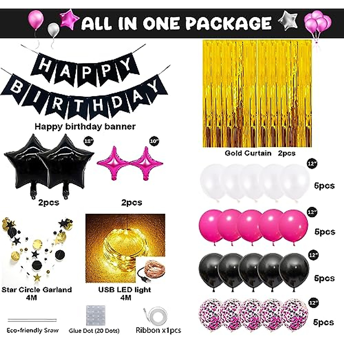 Black and Hot Pink Birthday Decorations, Happy Birthday Decorations,Happy Birthday Banner with LED light Gold Metallic Tinsel Foil Fringe Curtains Stars Confetti Balloon Birthday Decorations for Women Girls Boys Men