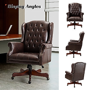 HULALA HOME Managerial Executive Swivel Office Chair with Height-Adjustable, Tufted Back & Nailhead Trim, High-Back Desk Chair for Home & Office, Faux Leather (Brown)