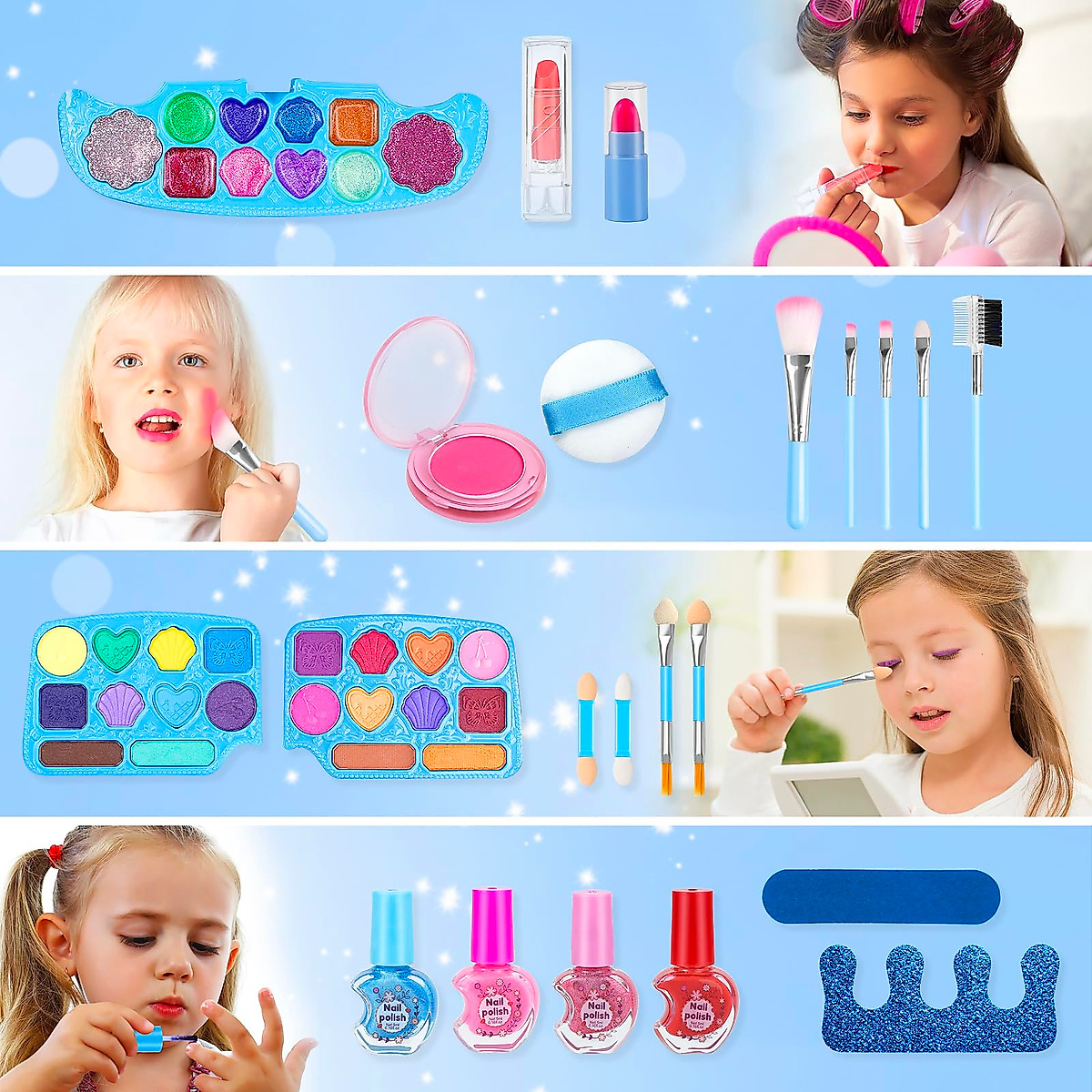 Kids Makeup Kit for Girl, Babbyo Upgrade 50 pcs Kids Make up Kit, Safety Tested Real Washable Make Up Toy Set with Portable Box, Prentent Play Make Up for Girls Birthday Present Toys