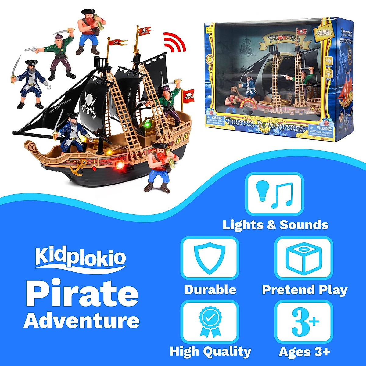 Kidplokio Toy Pirate Ship Boat Adventure Playset with Lights Sounds Action Figures, Black, Boys, Ages 3+