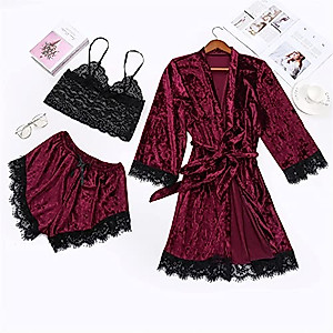 Xmas Lingerie for Women Plus Women's Sexy Pajamas Lace Velvet Solid Color Lace Three-Piece Womens Lingerie Dress up Wine