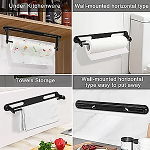 Ayybboo Paper Towel Holder,Under Cabinet Paper Towel Holder,Alloy Steel Foldable Wall Mounted Towel Large Roll Adhesive Bag Holder with Adhesive and Screw for Kitchen,Pantry,Bathroom 13.8in(Black)