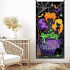Deroro Halloween I Smell Children Door Cover Decorations, Sanderson Sisters Witches Hocus Pocus Front Door Banner Background, Spider Web Bats Black Cat Holiday Indoor Outdoor Home Decor 3 x 6 FT