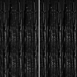 Dazzle Bright 2 Pack Black Backdrop Curtain, 3FT x 8FT Metallic Tinsel Foil Fringe Curtains Photo Booth Background for Baby Shower Party Birthday Wedding Engagement Bridal Shower Decorations