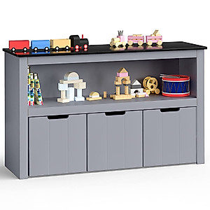 AUXSOUL Toy Storage Organizer - Kids Toy Organizers with Blackboard - 3 Storage Bins and Open Shelf - Suitable for School Classroom, Children's Room, Playroom, Hallway(Grey)