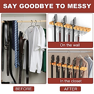 Cuipingoo Belt Hanger for Closet | 2-in-1 Wall Mount Belt Rack | 23 Slots Storage Max 42 Belts w/ 360° Hook | Ratchet Belt Organizer for Closet Accessories, Wardrobe, Door, Wood 1 Pack