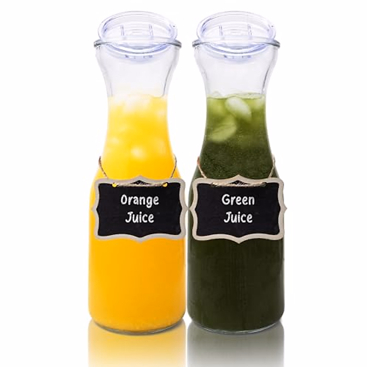 AYL Set of 2 Glass Carafe with Lids, 32 Oz Water Pitcher Beverage Serveware Carafe, Clear Glass Pitcher for Mimosa Bar, Cold Water, Brunch, Wine, Juice, Milk, Iced Tea, Lemonade,1 Hand Pour Lid