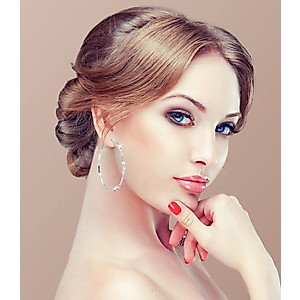 Hoop Earrings 925 Sterling Silver Post for Women 18K White Gold Plated Lightweight Hypoallergenic Diamond Cut Textured Round Hoop Earrings Thin Large Hoops Loop Earrings Size 50mm