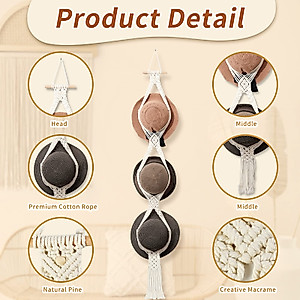 TOPMEET Macrame Hat Rack for Hanger Wall Display, Bohemian Hat Holder for Organizer Storage Decorative Wide Brim Cap - 2Pack White