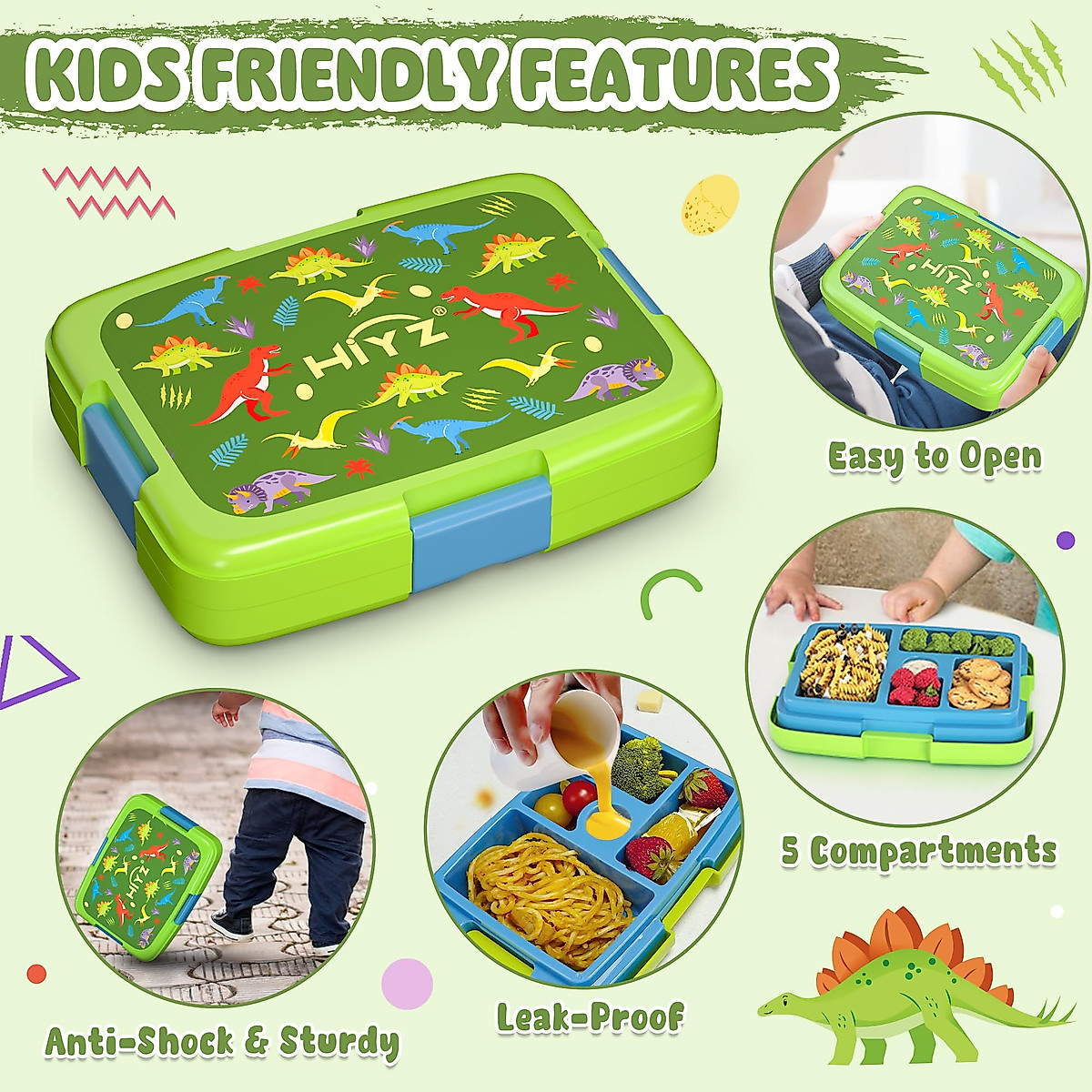 HiYZ Dinosaur Bento Box for Kids, Kids Lunch Box with 5-Compartment, Kids Bento Lunch Box for Ages 3-7, Leak-Proof, Durable, Lunch Box Containers for Kid Back to School Meals, Snack Packing, Travel
