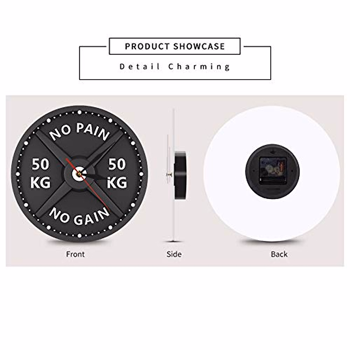 YUYANG Wall Clock 12 Inch No Pain No Gain 50Kg Barbell Modern Printed Acrylic Wall Clock Weight Lifting Dumbbell Bodybuilding Wall Watch Gym Decor Gift Sports Wall Clock