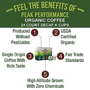 Peak Performance Organic Decaf Coffee Pods - High Altitude USDA Organic Decaf Coffee. High Mental Performance Coffee. Fair Trade, Low Acid Beans Medium Roast Single Serve Decaffeinated. 24 Count Cups