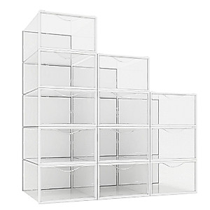 12 Pack Shoe Storage Bins, Clear Plastic Stackable Shoe Organizer for Closet, Space Saving Foldable Shoe Rack, Shoe Box Sneaker Holder Container