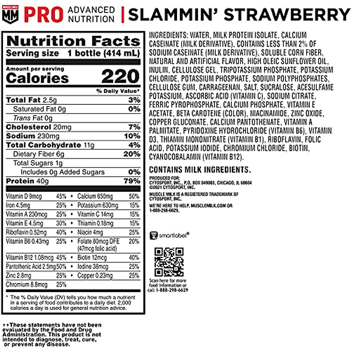 Muscle Milk Pro Advanced Nutrition Protein Shake, Slammin' Strawberry, 14 Fl Oz Bottle, 12 Pack, 40g Protein, 1g Sugar, 16 Vitamins & Minerals, 6g Fiber, Workout Recovery, Packaging May Vary