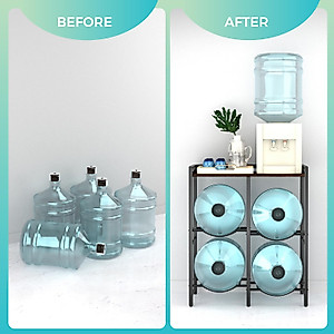 5 Gallon Water Jug Holder for 4 Bottles with Rustic Brown Wood Top Shelf, 5 Gallon Water Jug Stand, 5 Gallon Water Bottle Holder, Heavy Duty Water Dispenser Stand for Home Kitchen/Office/Living Room