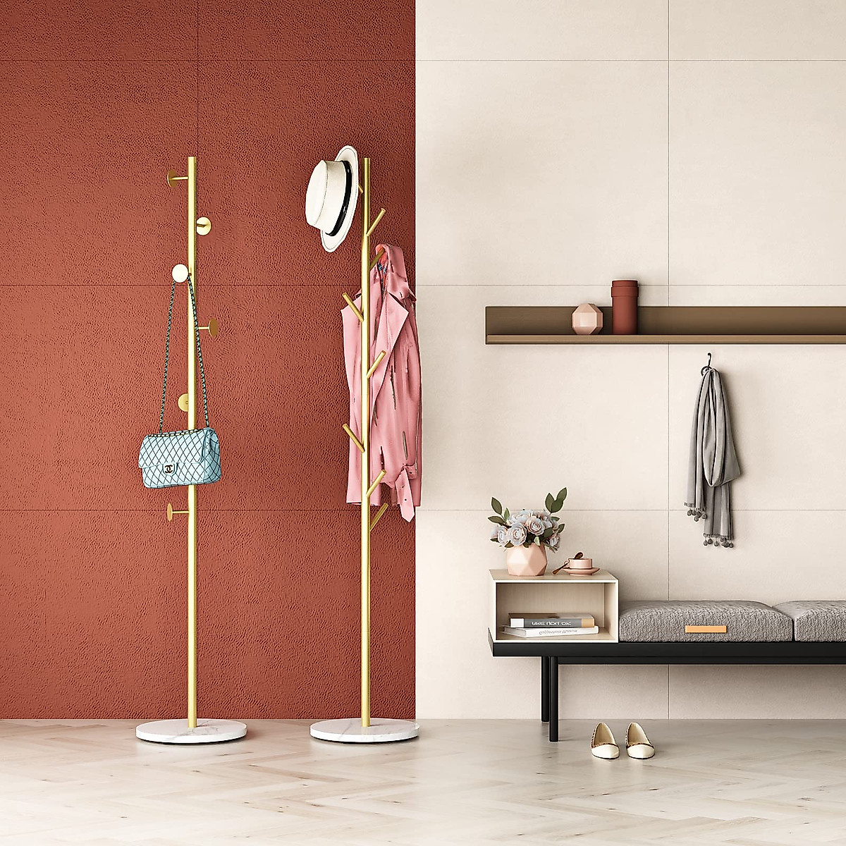 TIEOU Free-standing Coat Rack Gold, Hat Hanger Hall Tree, Metal Coat Hangers for Scarves, Backpacks, Umbrellas, Purses, Simple Coat Stand, Stylish Coat Tree with Stable Round Marble Base, 8 Coat Hooks