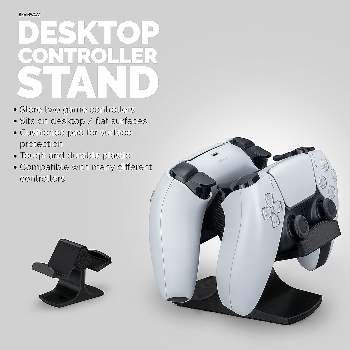 BRAINWAVZ Dual Game Controller Desktop Holder Stand - Universal Design for Xbox ONE, PS5, PS4, PC, Steelseries, Steam & More, Reduce Clutter UGDS-03 (Black)