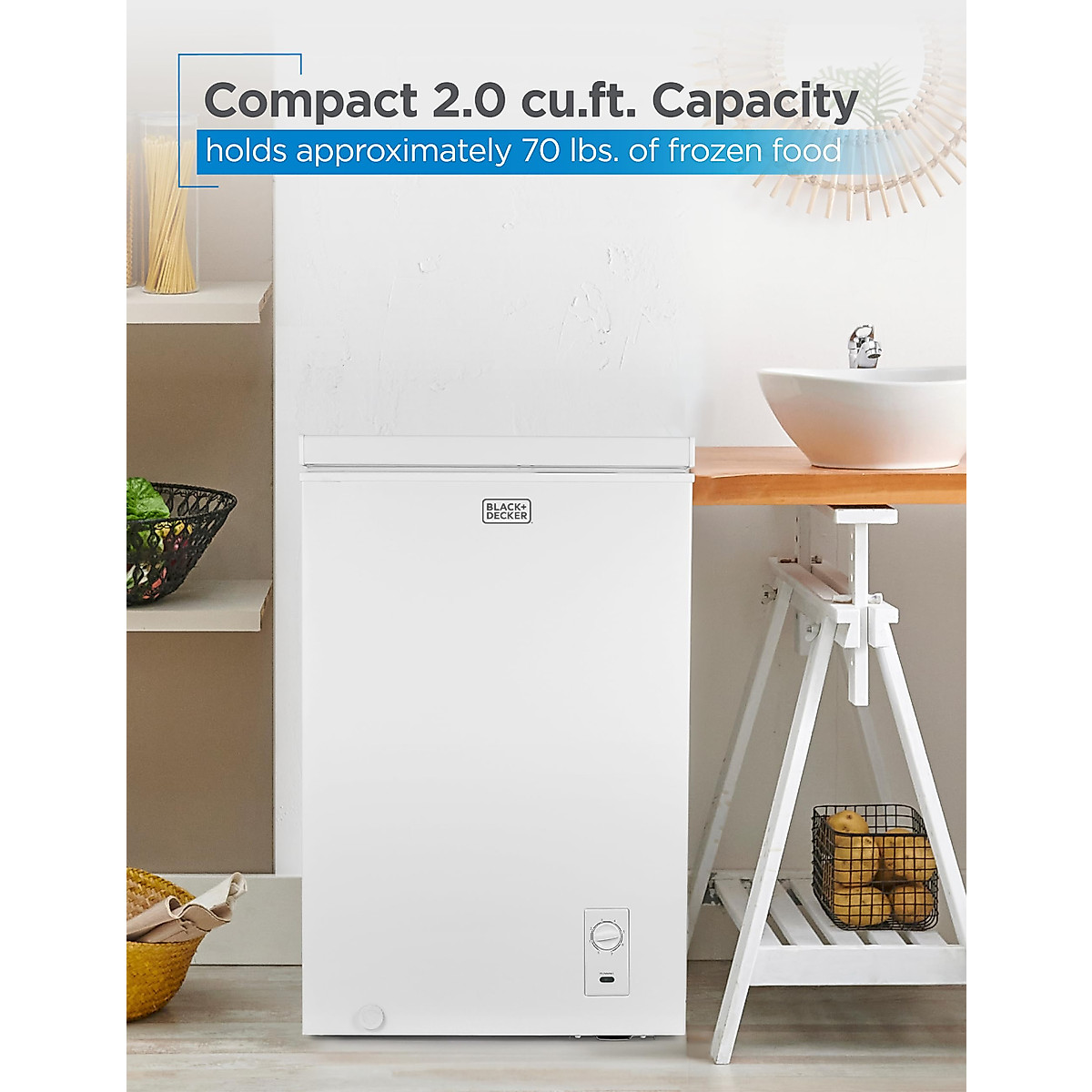 BLACK+DECKER 2.0 Cu. Ft. Compact Chest Freezer, Deep Freezer Holds Up To 70 Lbs. of Frozen Food, Removable Storage Basket, Manual Defrost, White