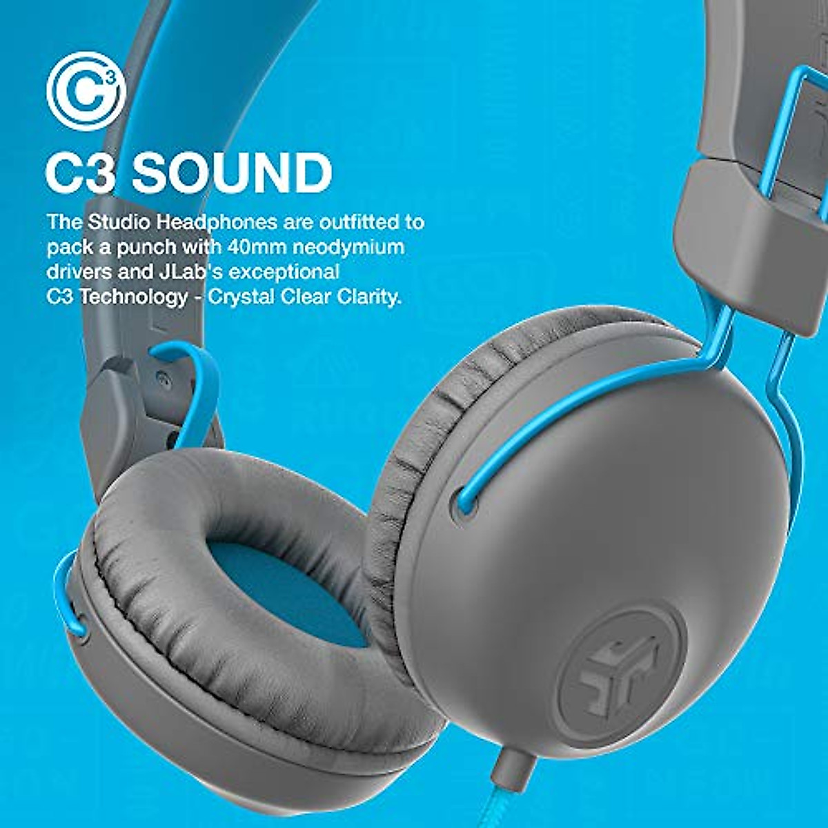 JLab Studio On-Ear Headphones | Wired Headphones | Tangle Free Cord | Ultra-Plush Faux Leather with Cloud Foam Cushions | 40mm Neodymium Drivers with C3 Sound | Gray/Blue