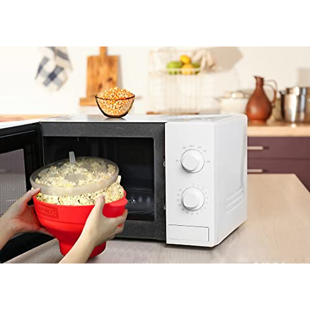 The Original Korcci Microwaveable Silicone Popcorn Popper, BPA Free Microwave Popcorn Popper, Collapsible Microwave Popcorn Maker Bowl, Dishwasher Safe - Red