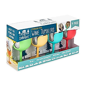 Camco Life is Better at the Campsite Wine Tumbler Set | Great for Camping, Tailgating and Parties | Feature Colorful, Removable Stems | 8 oz, 4-Pack (53068),Silver