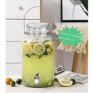 Emica Home 1 Gallon Cold Drink Glass Beverage Dispenser with Ice Infuser, Clear Bail & Trigger with Locking Clamp Drink Dispenser with Easy Flow Spigot for Outdoor, Parties and Daily Use