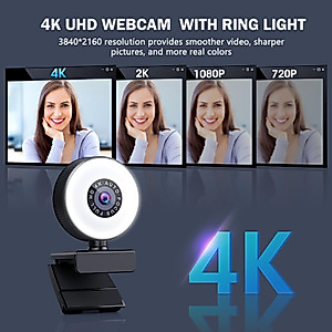 Cnkaite 4K Webcam, HD Autofocus Webcam with Microphone, Adjustable Light Computer Camera with Privacy Cover and Tripod Stand, Plug and Play USB Webcam for Laptop Desktop Video Calling