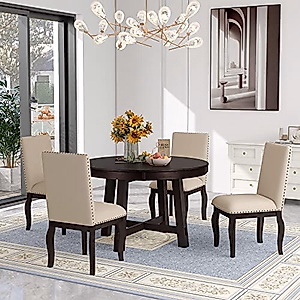 HAUSHECK Modern Round Room Person, Wood Extendable w/X-Shaped Base, Upholstered, Nailhead Curved Back, Farmhouse Kitchen Chairs Home Furniture, Dining Table Set for 4-6, Espresso