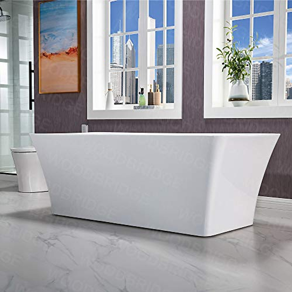 WOODBRIDGE 67" Acrylic Freestanding Bathtub Contemporary Soaking White Tub with Brushed Nickel Overflow and Drain，BTS1609 -B/N-Drain &O