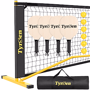 TYRSEN Pickleball Set with Net, 22FT USAPA Regular Size Portable Pickleball Net System for Driveway Backyard, 4 Paddles & 6 Balls, Strong PE Net and Steady Steel Frames for Indoor Outdoor